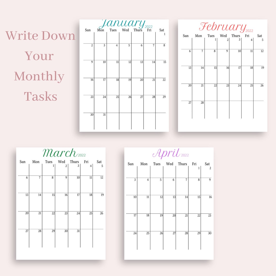 2022 Dated Calendar Editable Printable Portrait Monthly Calendar ...