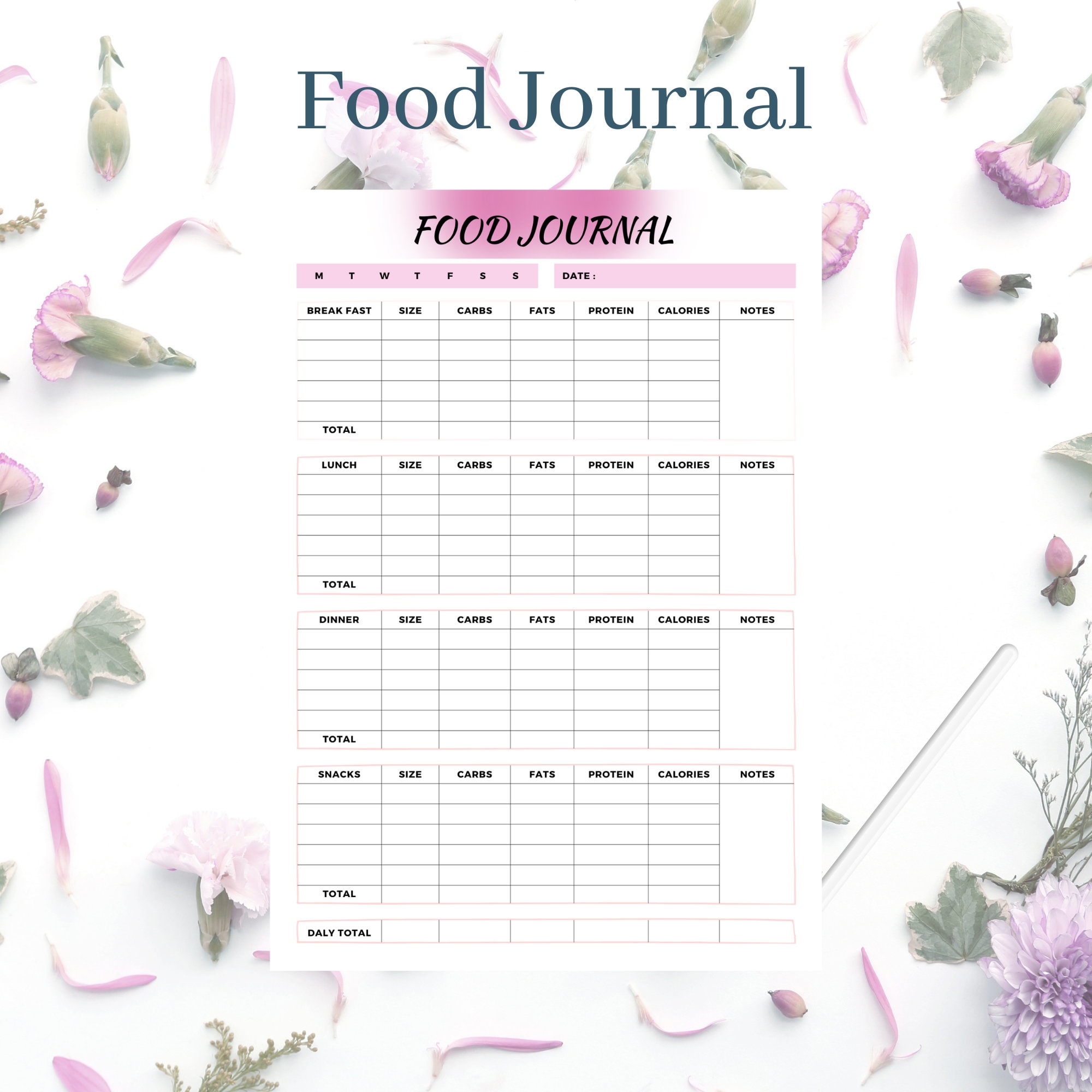 Food Journal Printable Template Food Diary Meal Journal Meal Tracker ...