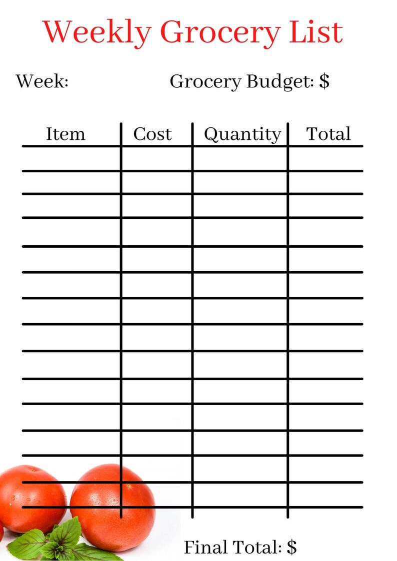 Weekly Grocery List Printable Grocery List on a Budget | Etsy