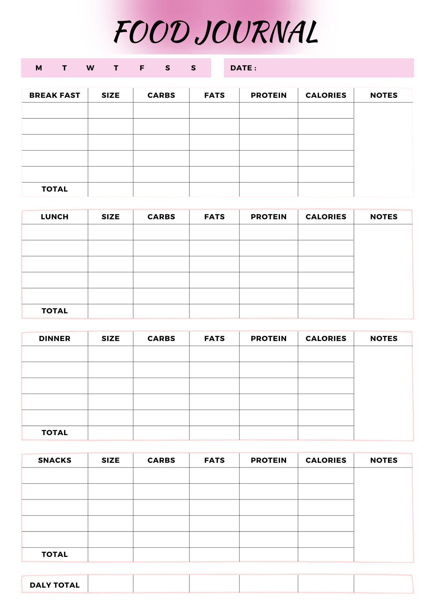 Food Journal Printable Template Food Diary Meal Journal Meal Tracker ...