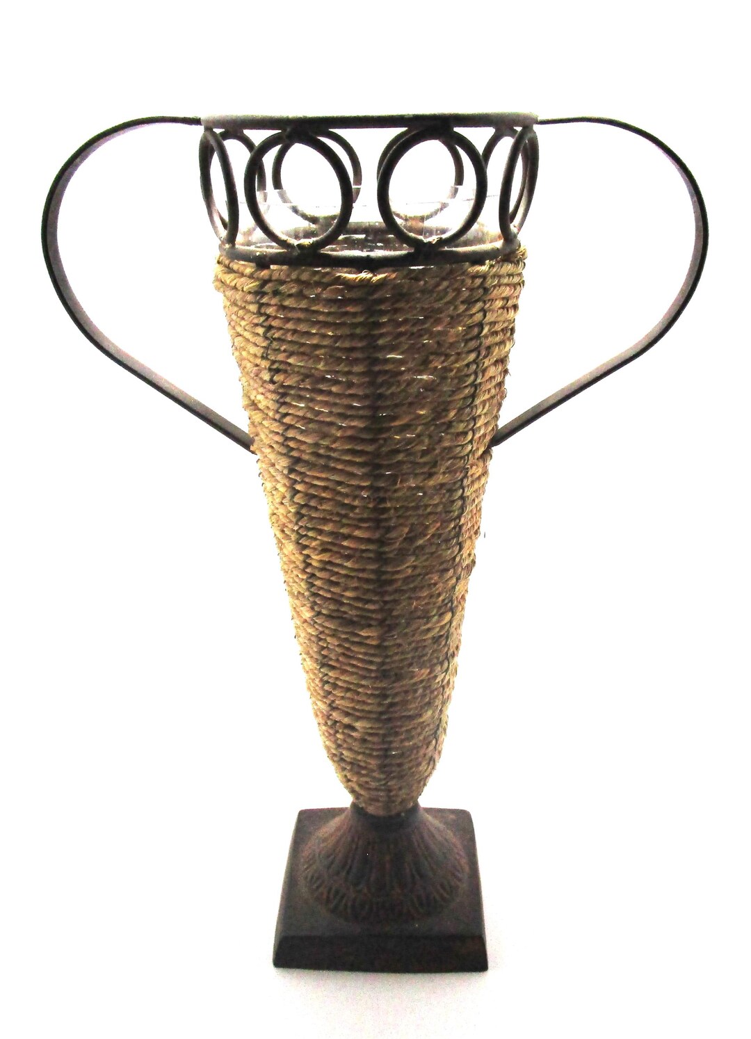 Vintage Ornate Iron Rustic Rope Wrap & Glass Insert Flower Vase Decor ...