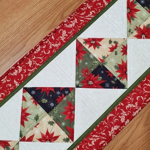 Quilted Poinsettia Table Runner, 42 X 15 Christmas Patchwork Table ...
