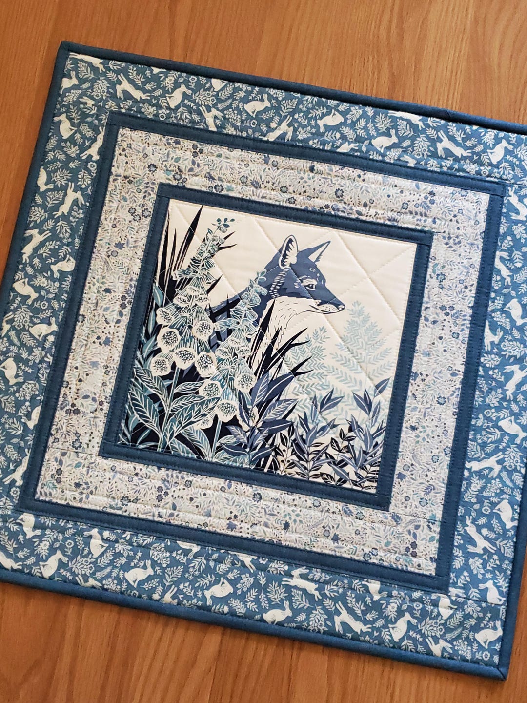 Handmade Quilted Folk Style Bunny Table Topper or Wall Hanging in Blue ...