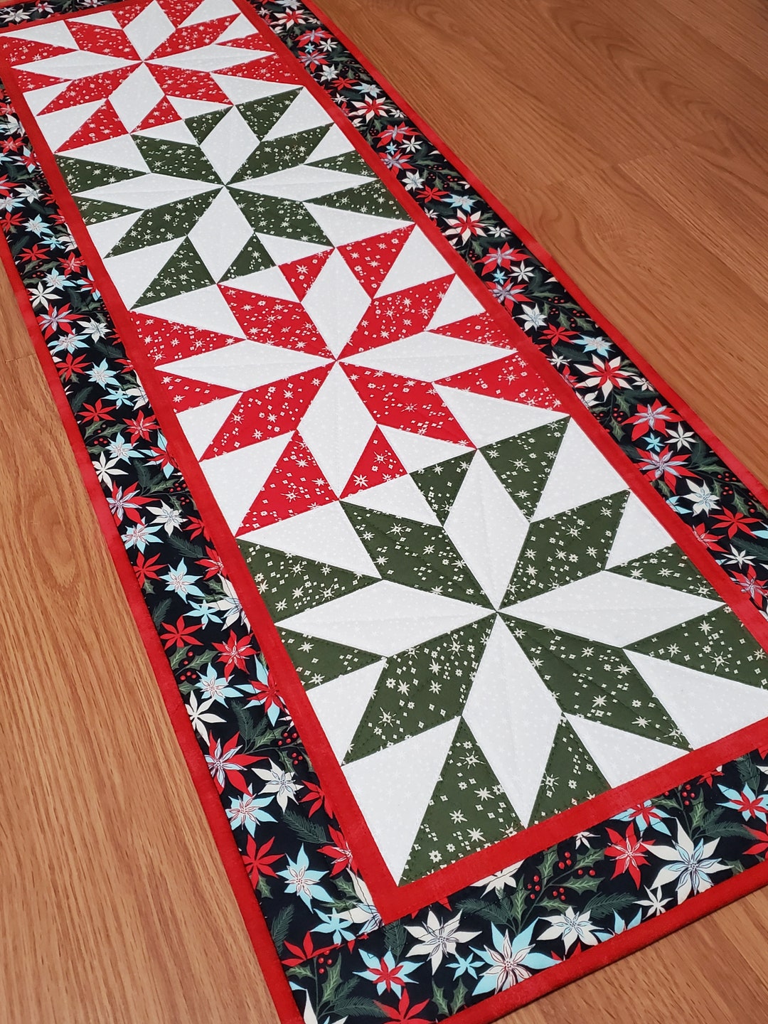 Quilted Holiday Table Runner, 43.5 X 15 Christmas Poinsettia Table ...