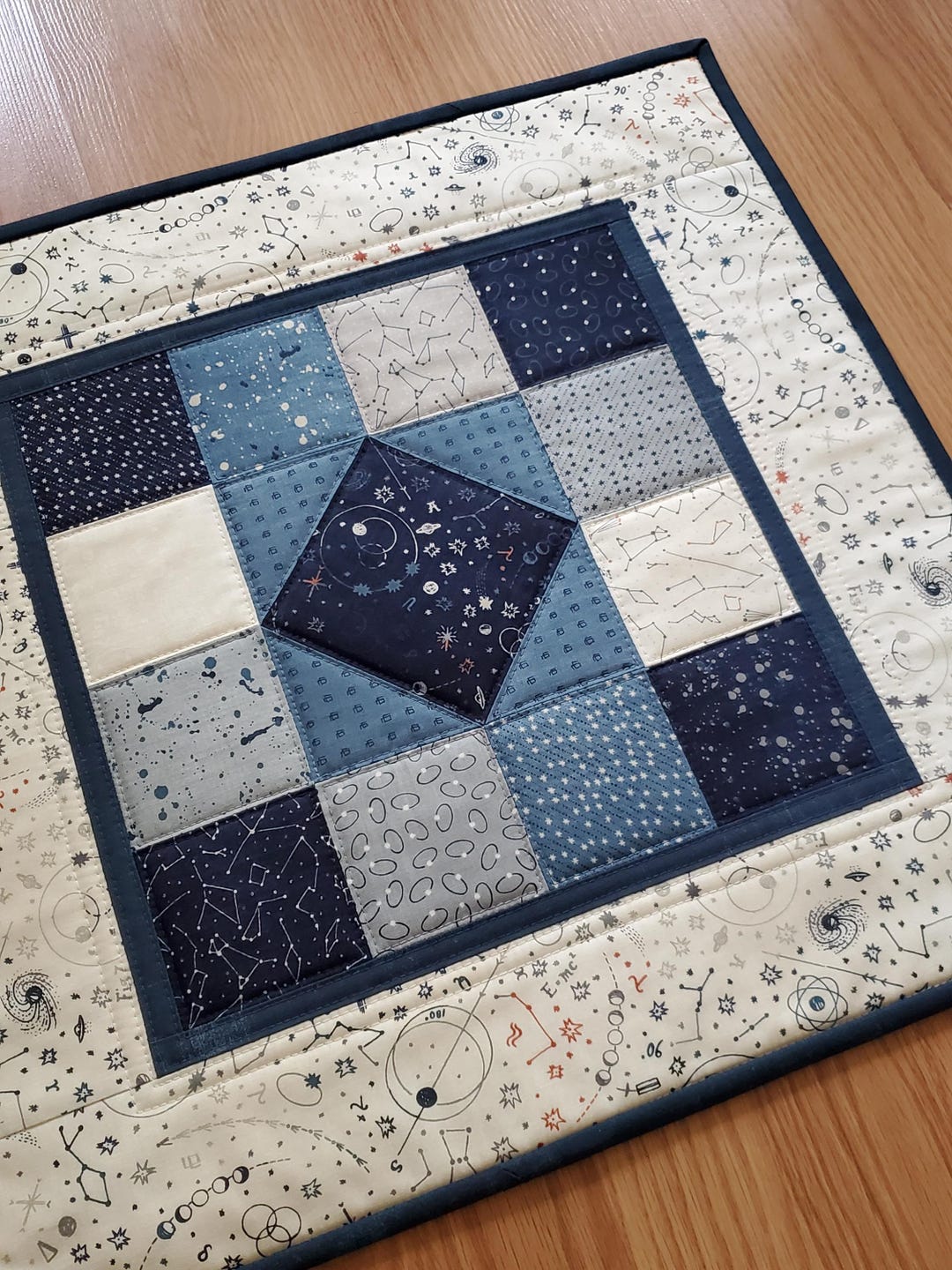 Cosmic-themed Quilted Table Topper, 20" Modern Blue Wall Hanging ...