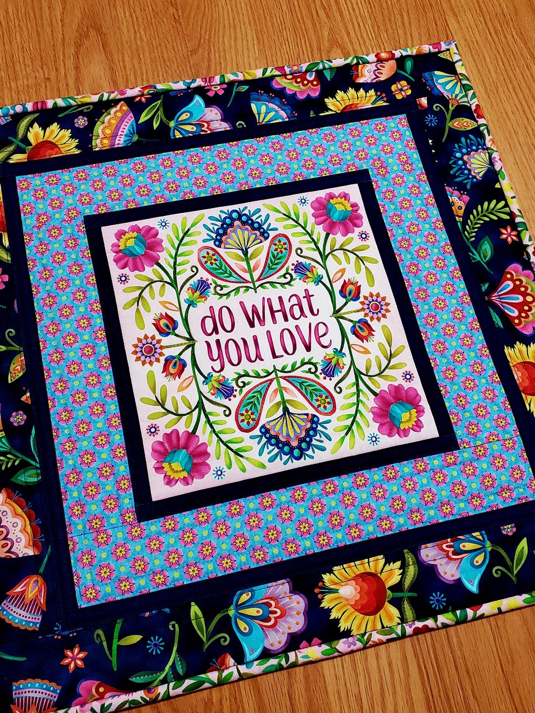 Quilted Folk Art Table Topper, 19.5" X 20" Floral Wall Hanging, Spring ...