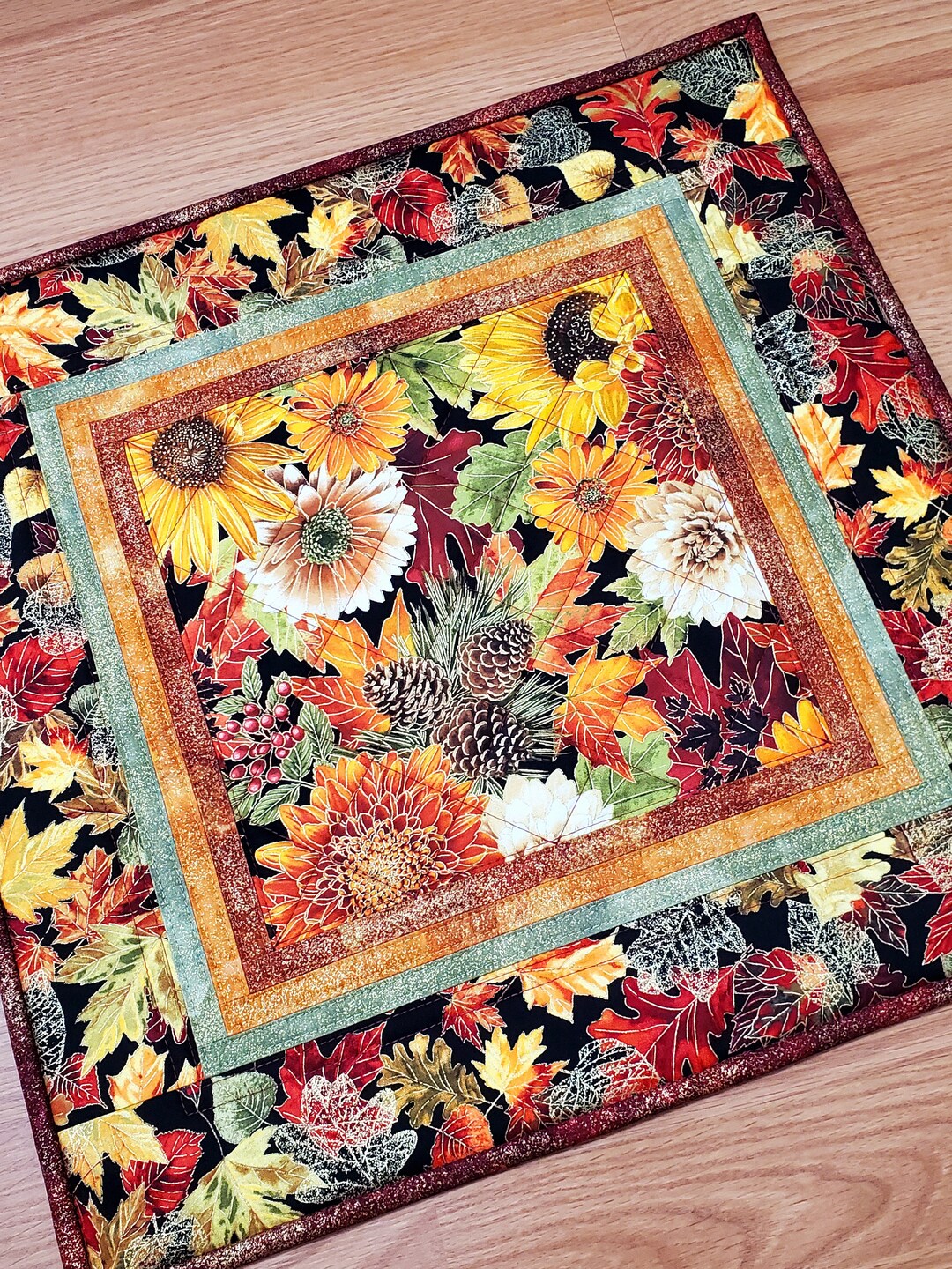 Quilted Autumn Table Topper, 18.5 Floral Wall Hanging, Quilted Fall ...