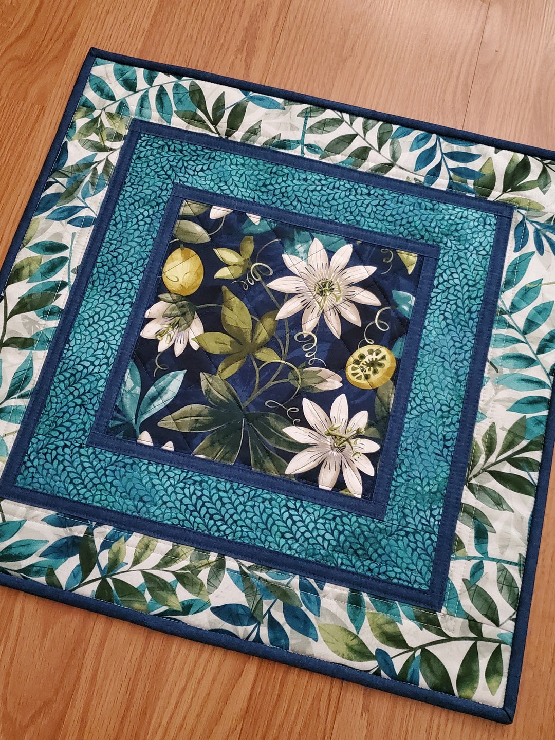 Quilted Passion Flowers Table Topper, 19.5 Floral Table Topper, Summer ...
