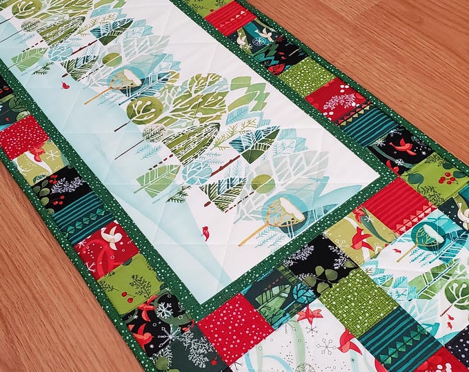 Quilted Winter Table Runner, 41" X 14.5" Scenic Christmas Table Runner ...