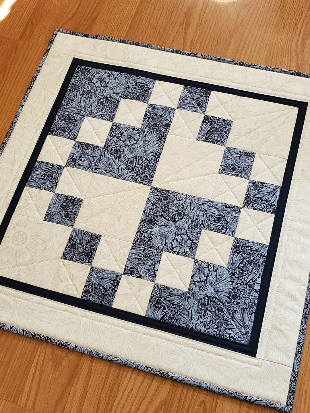 Quilted Blue and Cream Patchwork Table Topper, 21" Floral Table Topper ...