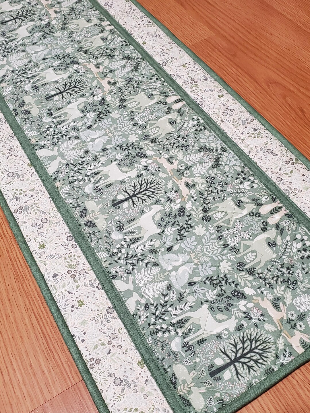 Quilted Forest Animals Table Runner, 42 X 14.5 Green Folk Style Table ...