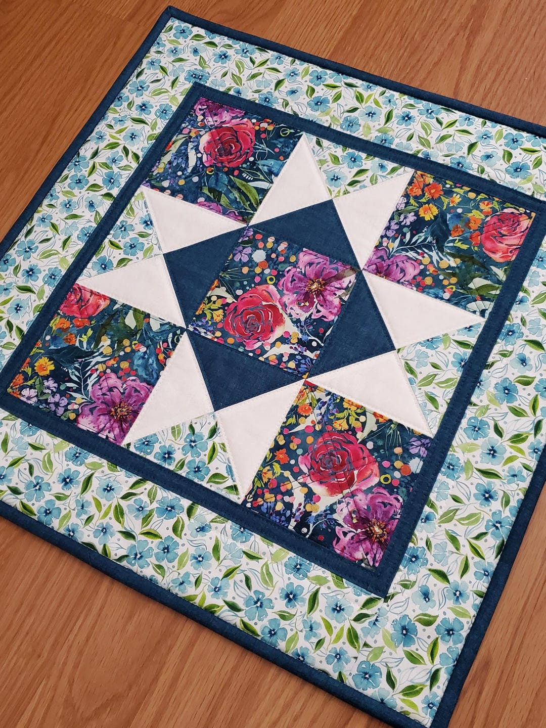 Quilted Ohio Star Table Topper, 18" Floral Table Topper, Spring Quilted ...