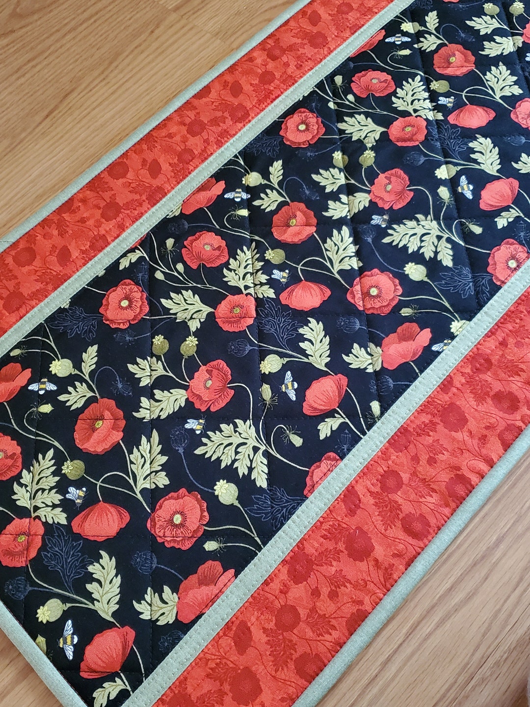 Poppies Quilted Table Runner, 43 X 15 Floral Table Runner, Black and ...