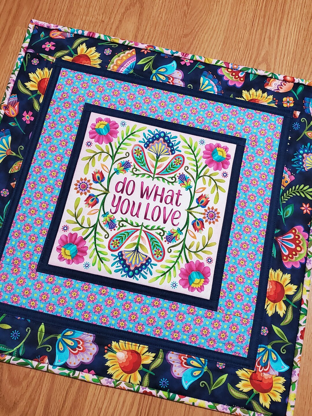 Quilted Folk Art Table Topper, 19.5 X 20 Floral Wall Hanging, Spring ...