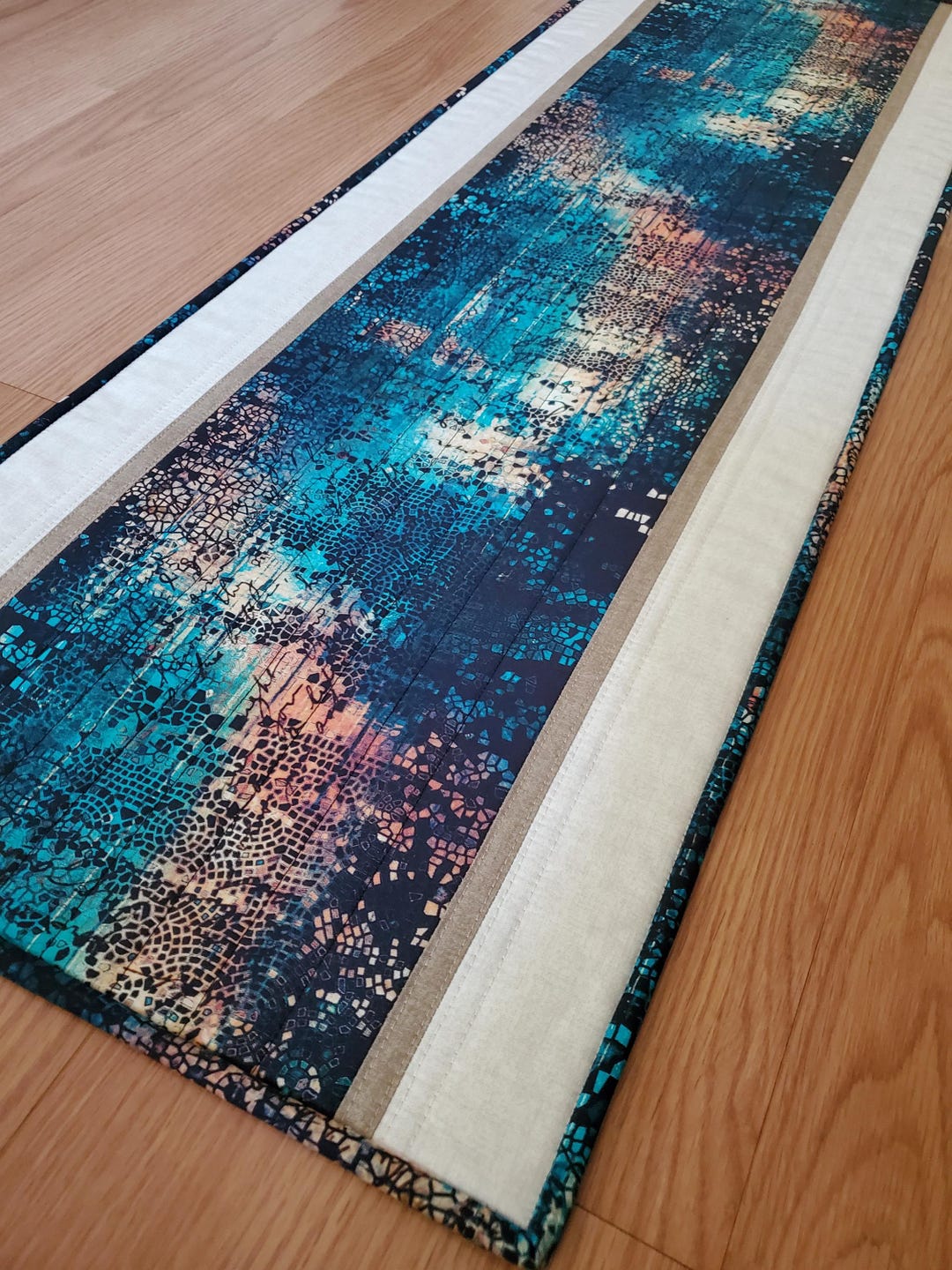 Quilted Abstract Table Runner, 42.5" X 14.5" Turquoise Table Runner ...