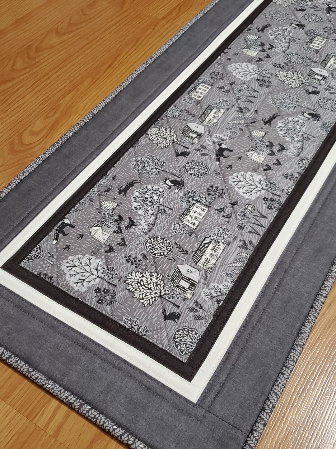 Quilted Gray Scenic Table Runner, 41 X 14.5 Table Runner, Countryside ...