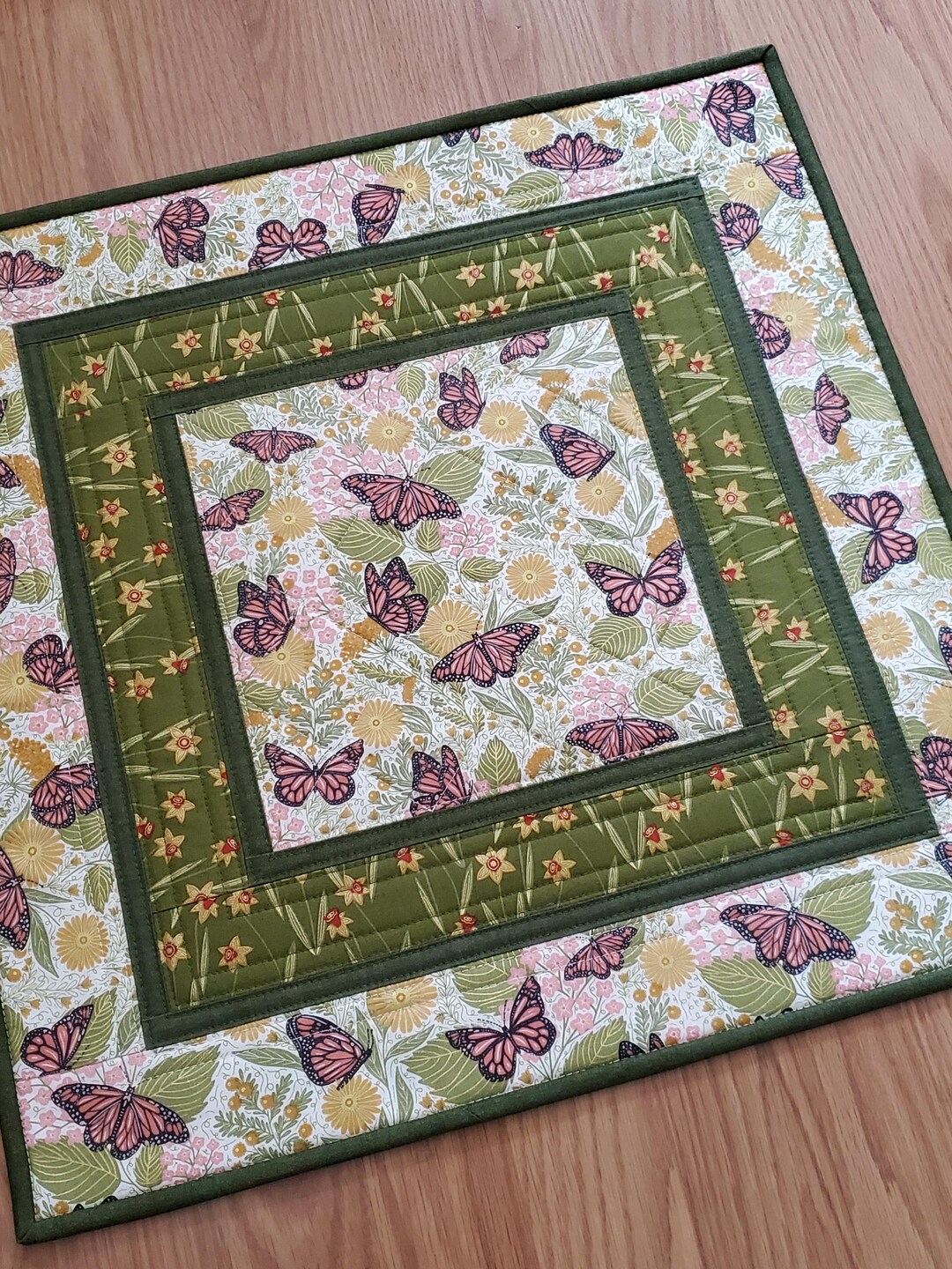 Quilted Flowers and Butterflies Table Topper, 19.5" Floral Wall Hanging, Spring Table Topper ...