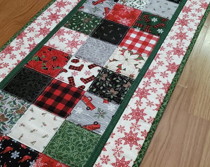 Quilted Rustic Christmas Table Runner, 42.5" X 15" Patchwork Table ...