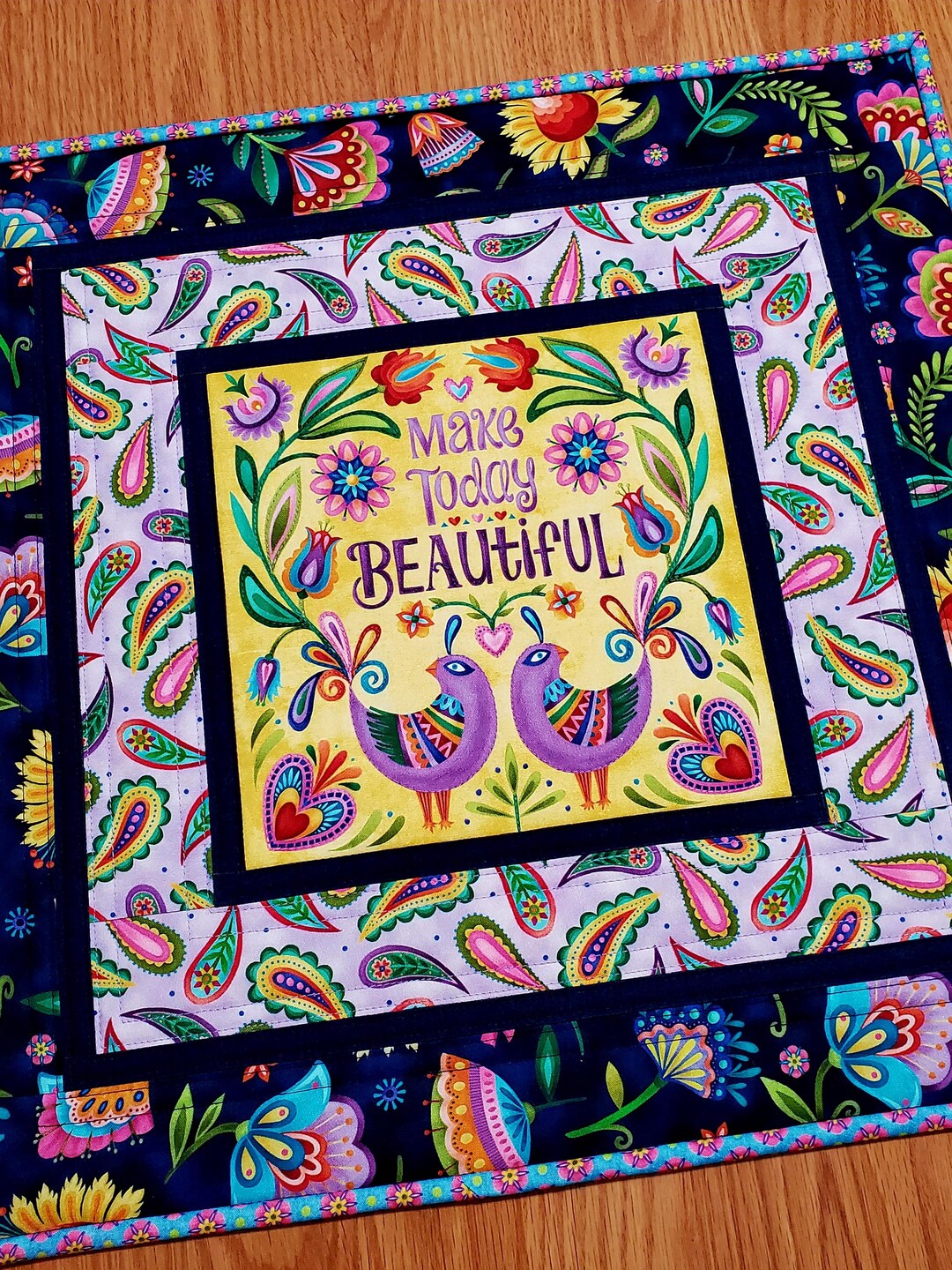 Quilted Folk Art Table Topper, 19.5" Floral Wall Hanging, Spring Table ...