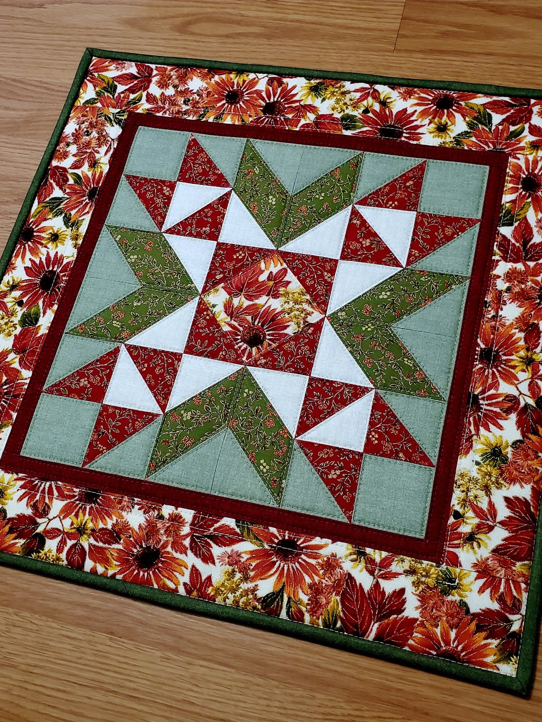 Quilted Autumn Table Topper, 18 Star Table Topper, Floral Table Topper ...