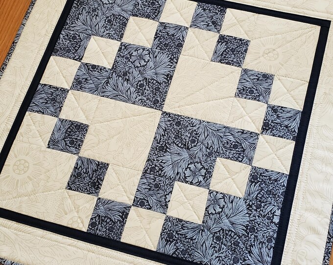 Quilted Blue and Cream Patchwork Table Topper, 21" Floral Table Topper ...