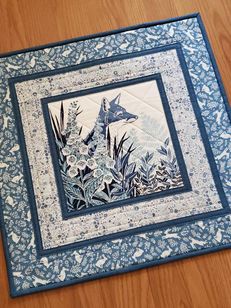 Handmade Quilted Folk Style Bunny Table Topper or Wall Hanging in Blue ...
