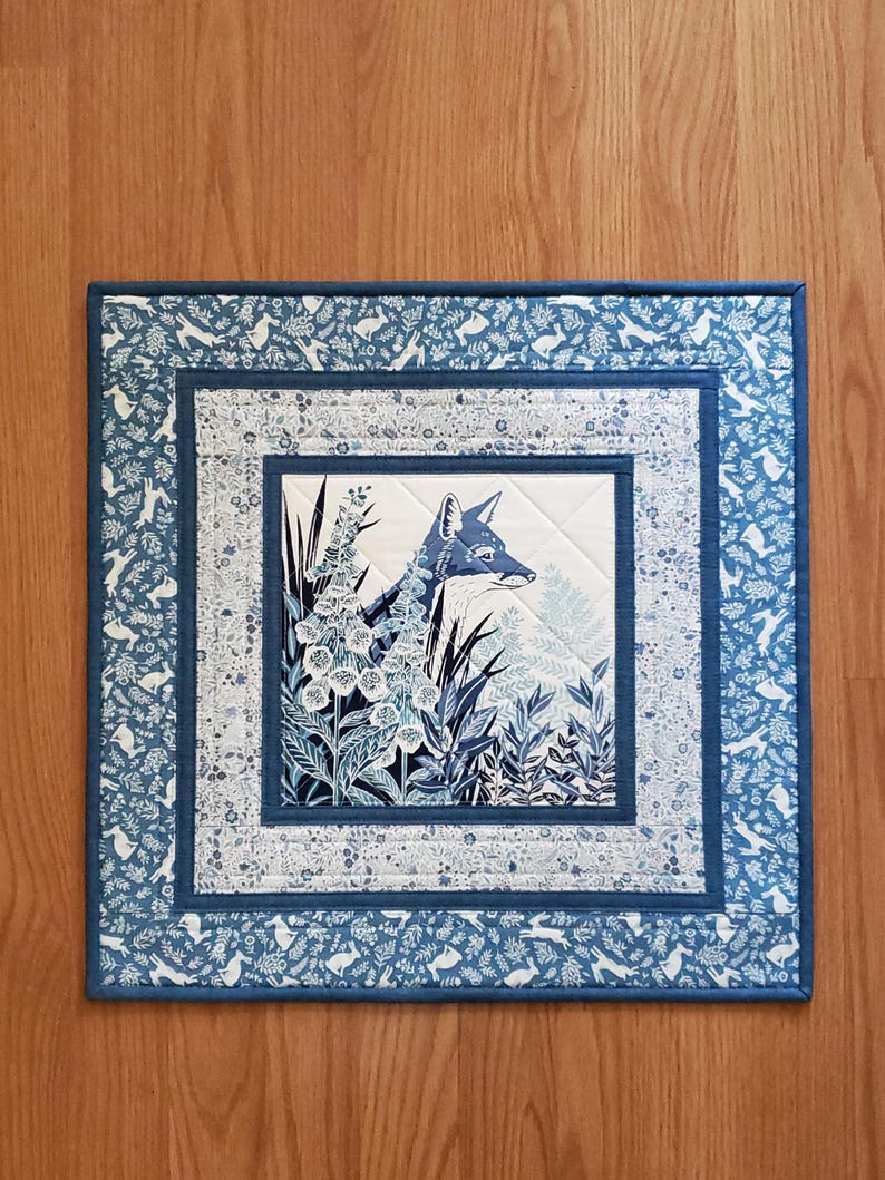 Handmade Quilted Folk Style Bunny Table Topper or Wall Hanging in Blue ...