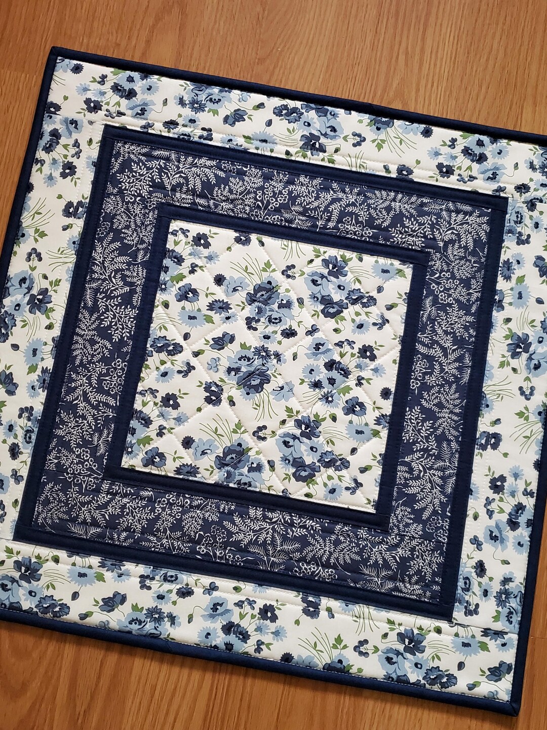 Quilted Blue Floral Table Topper, 20" Wall Hanging, Summer Quilted ...