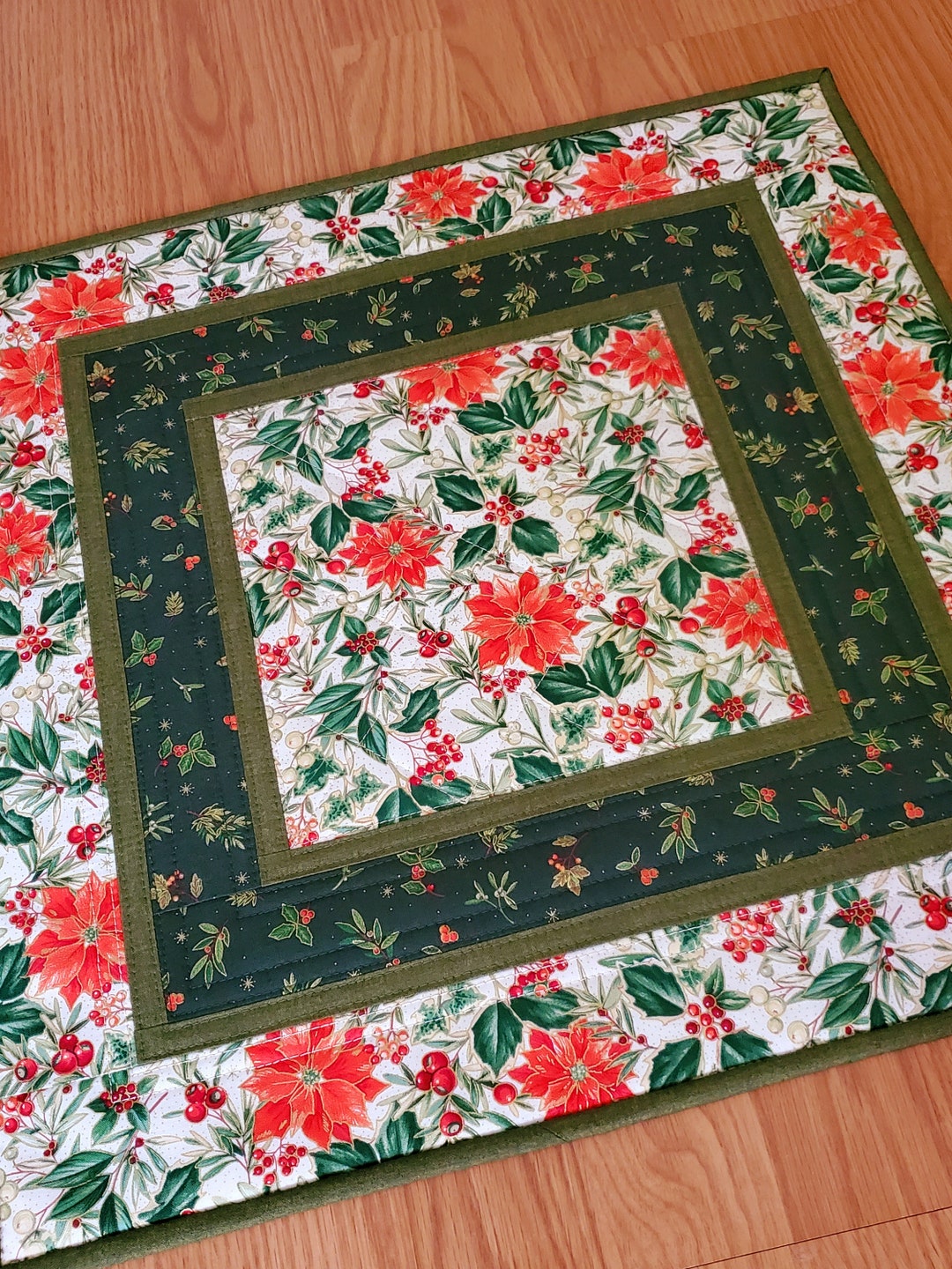 Quilted Christmas Table Topper, 19.5 Poinsettia Table Topper, Quilted ...