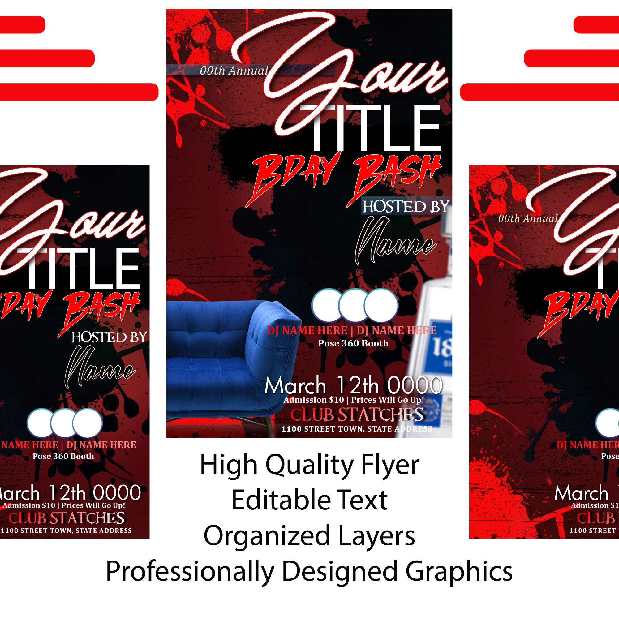 Birthday Flyer RED Party Corjl Flyer Template - Etsy