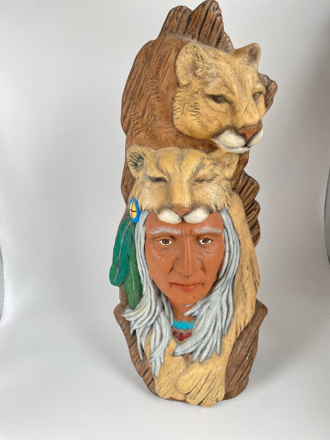 Vintage Native American Man With Lions Statue, Hand Crafted Ceramic ...