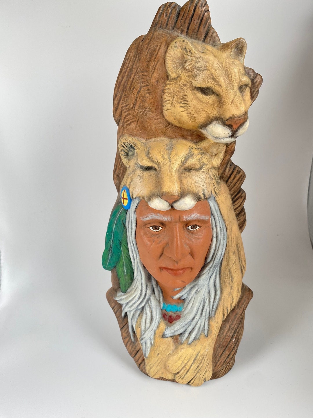 Vintage Native American Man With Lions Statue, Hand Crafted Ceramic ...