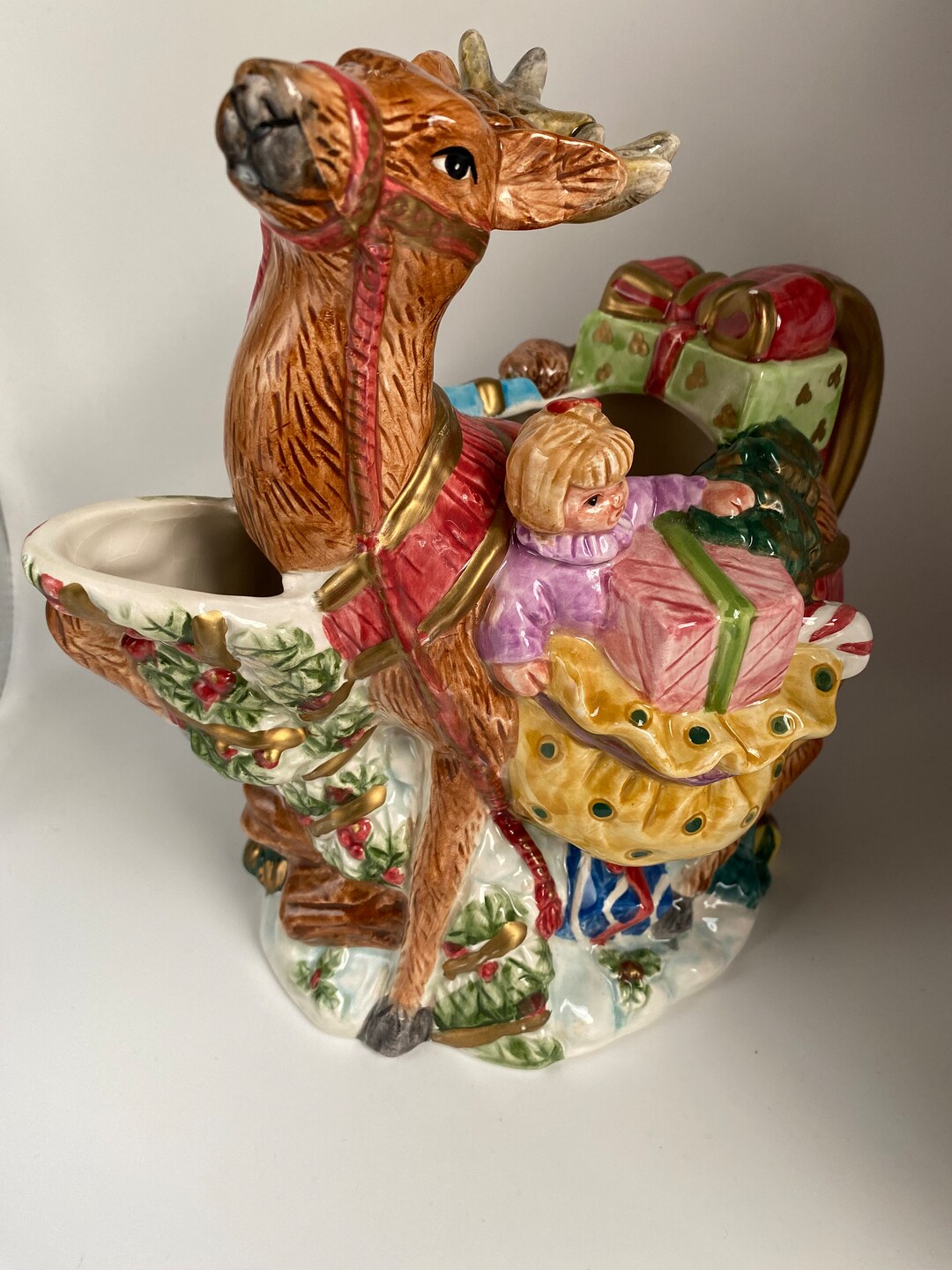 Santa’s Reindeer Carrying Gifts to Children Pitcher, 8.5” Tall, AS IS ...