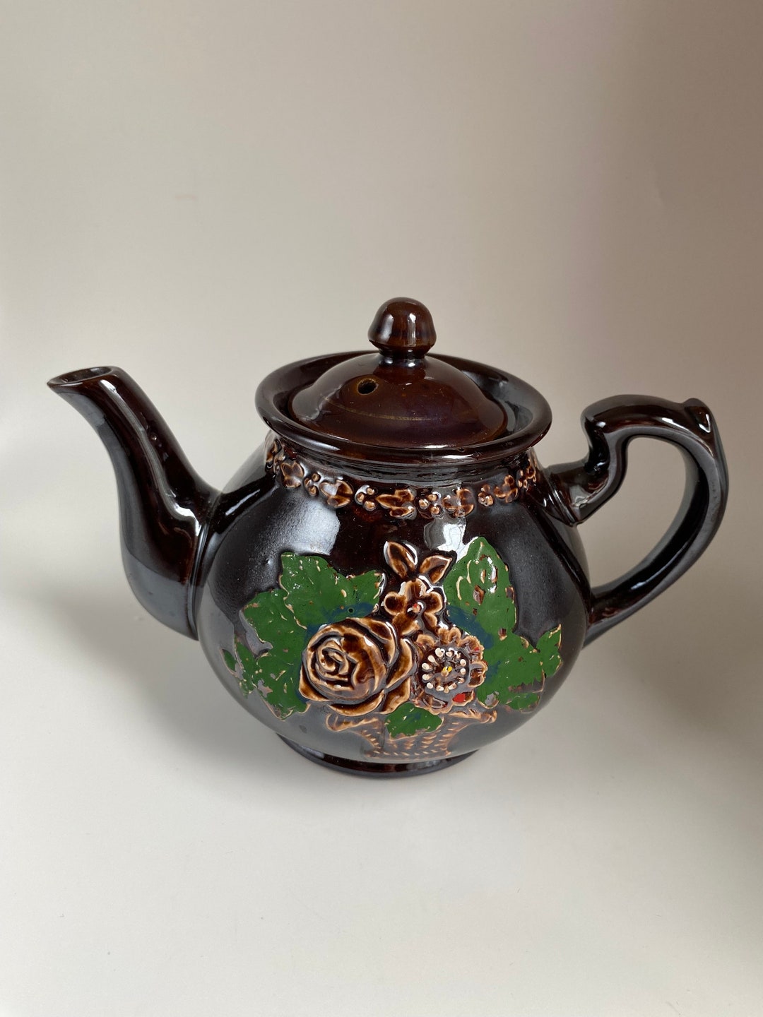 Redware Moriage Terracotta Brown Glazed Hand-painted Teapot, Raised ...