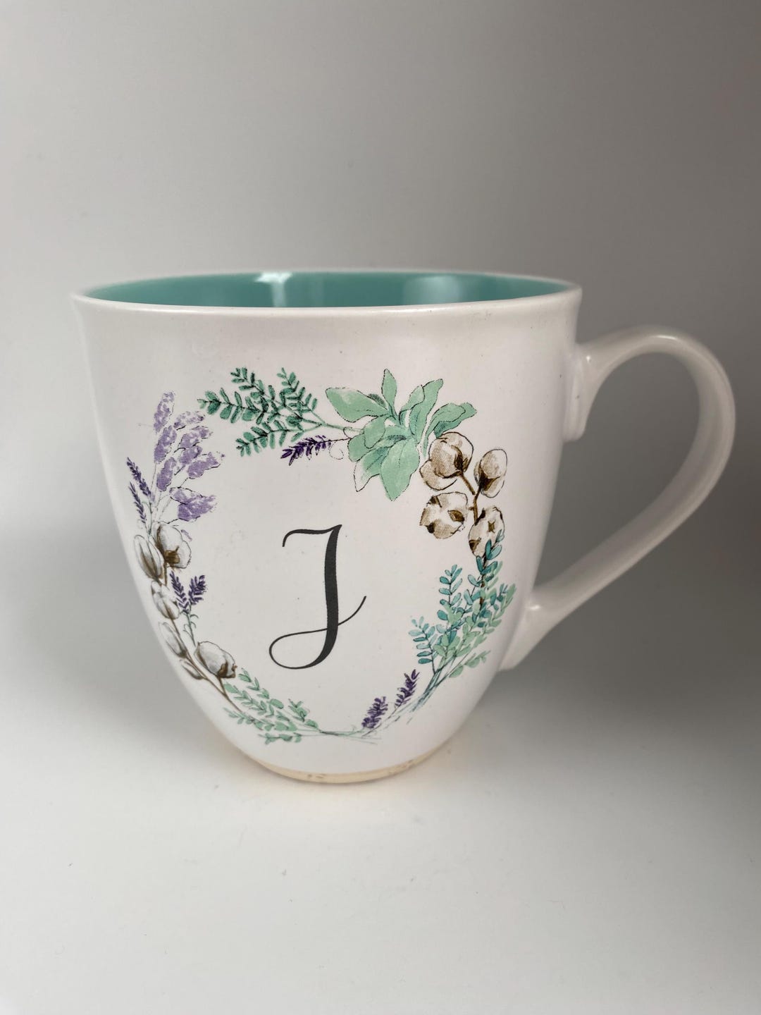 Fig & Fern Monogram “J” Initial Large Tea / Coffee Cup, 4.5” Tall, 18 ...