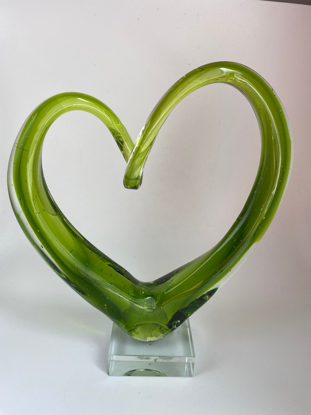 Hand Blown Art Glass Green Heart Home Decor, Bubbled Glass Green Heart ...