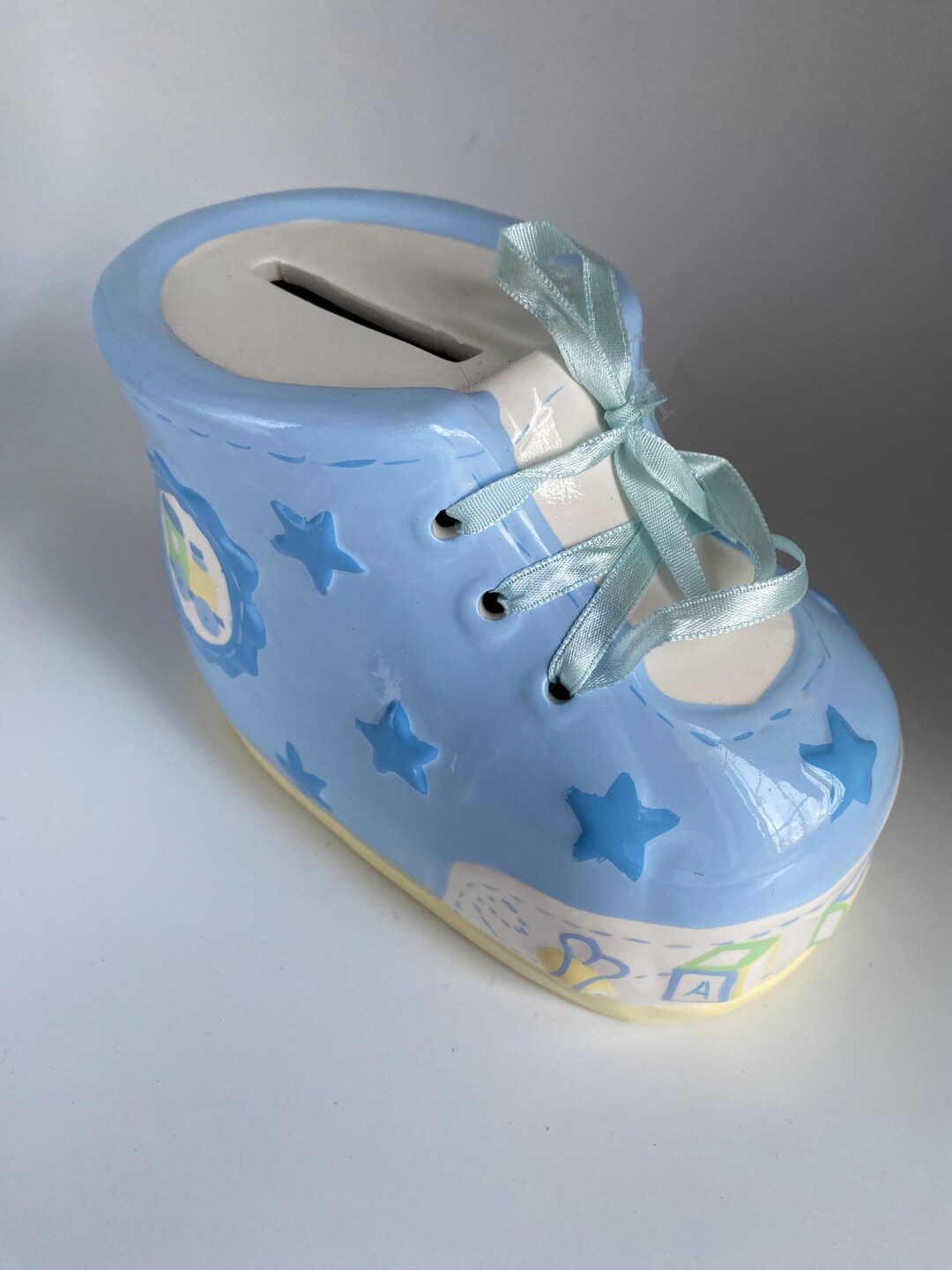 Vintage Shoe Money Bank With Stopper, Blue Shoe Piggy Bank, Ceramic ...