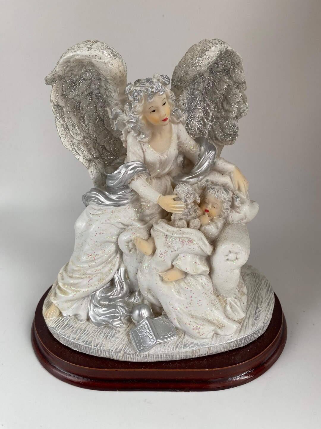 Beautiful Glittered Angel With Baby Figurine on A Wood Stand Christmas ...