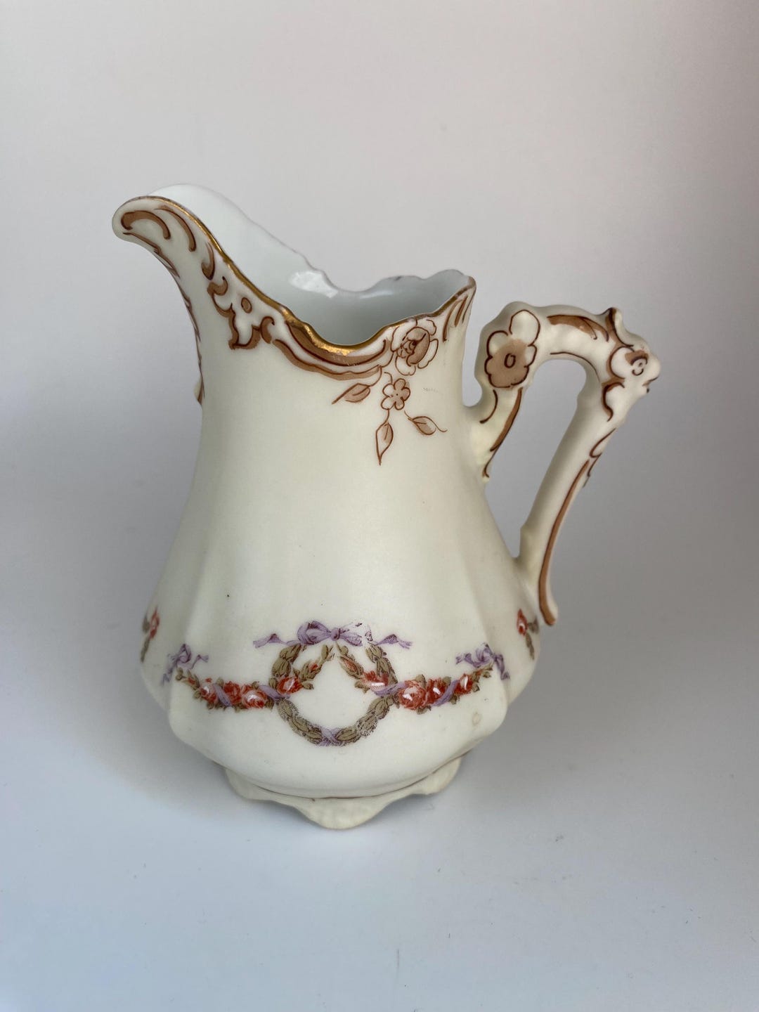 Antique Silesia Old Ivory XIX Hand Painted Floral Creamer / Pitcher, 4. ...
