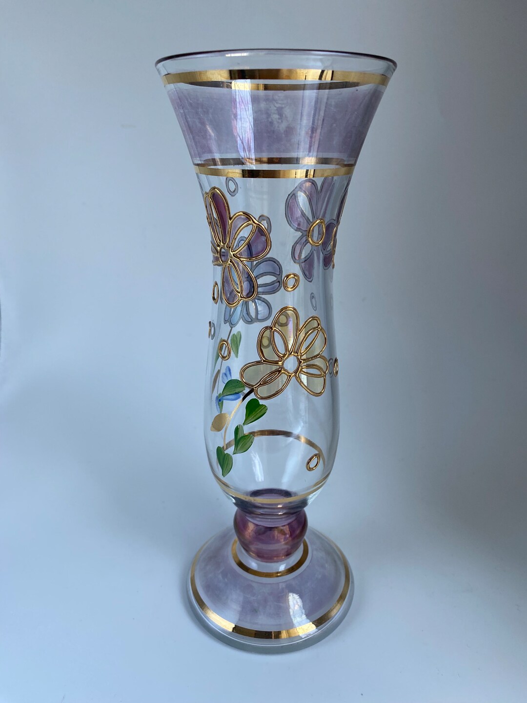 Vintage Embossed Gold and Green Color Floral Glass Bud Vase, 8 Tall ...