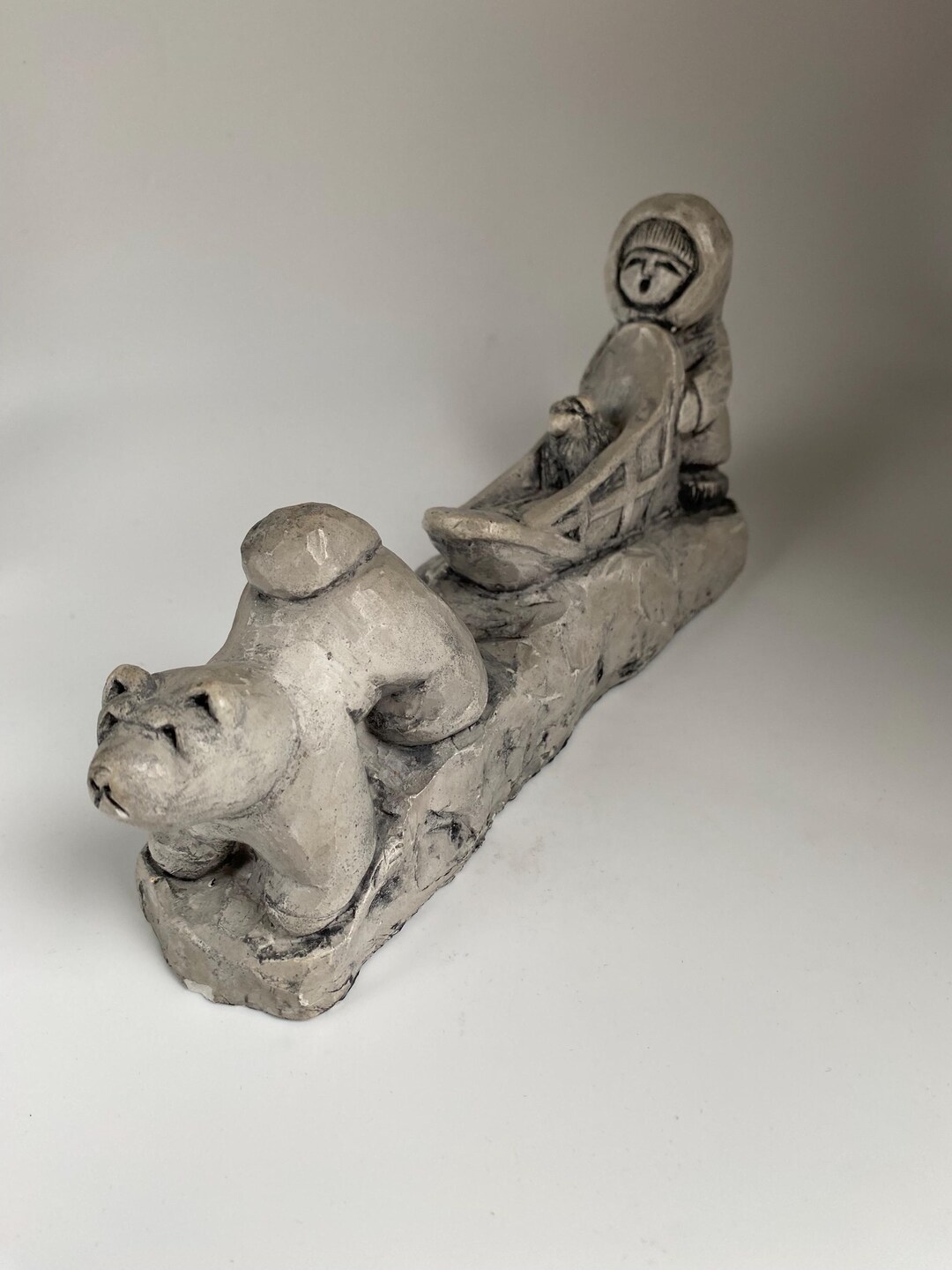 Vintage Glacial Ice Age Hand Crafted Eskimo Girl & Dog With Bear Sled ...
