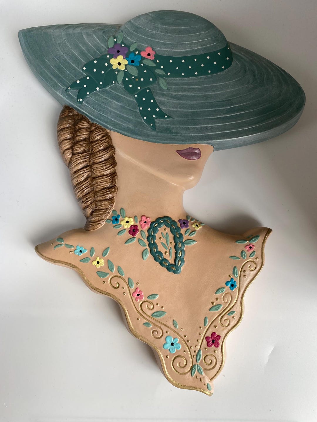 Hand Painted Ceramic Woman With Hat Wall Decor, 12.5” Tall - Etsy