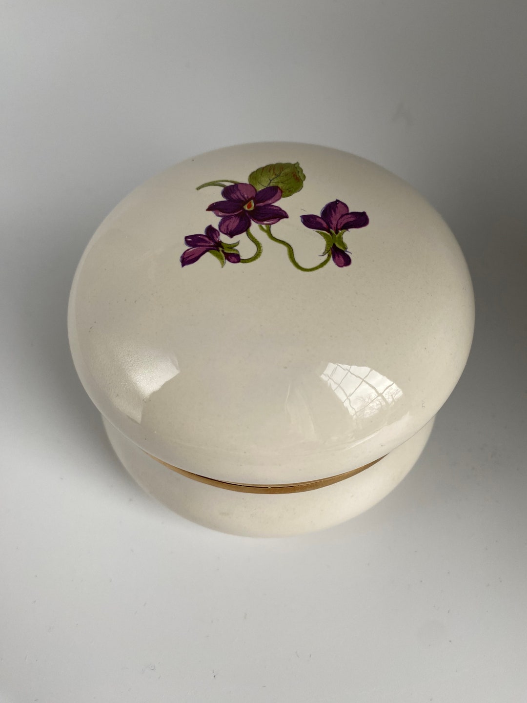 Vintage Violet Porcelain Trinket Box by Adeline, Round Floral With Gold ...
