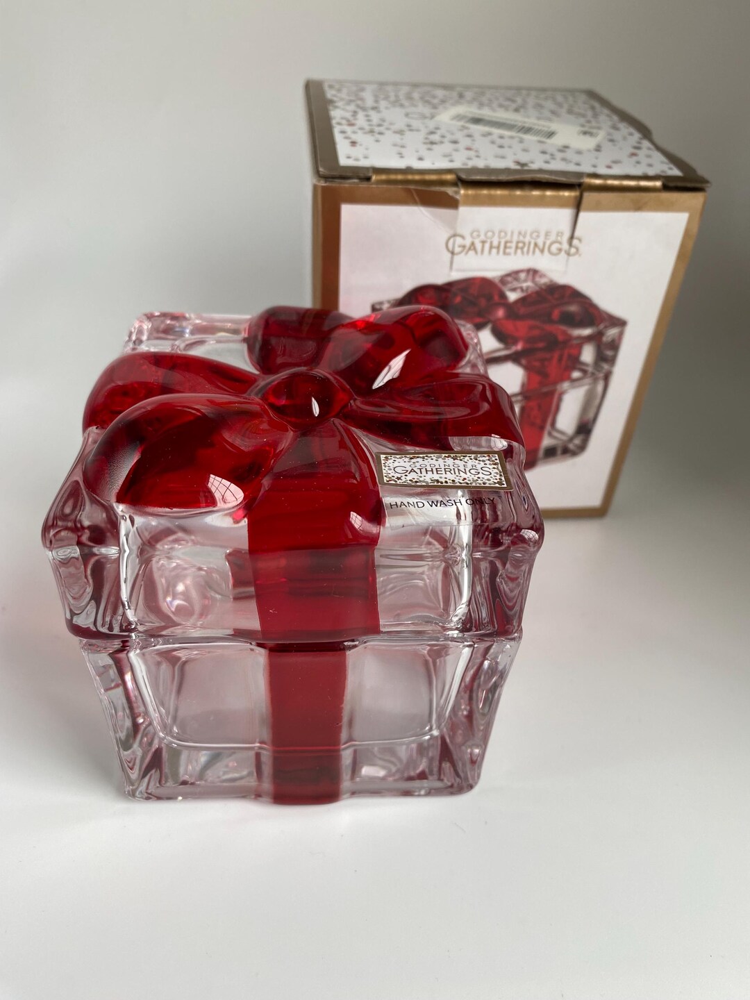 Godinger Red Bow Lid Square Glass Trinket / Jewelry Box or Candy Dish ...