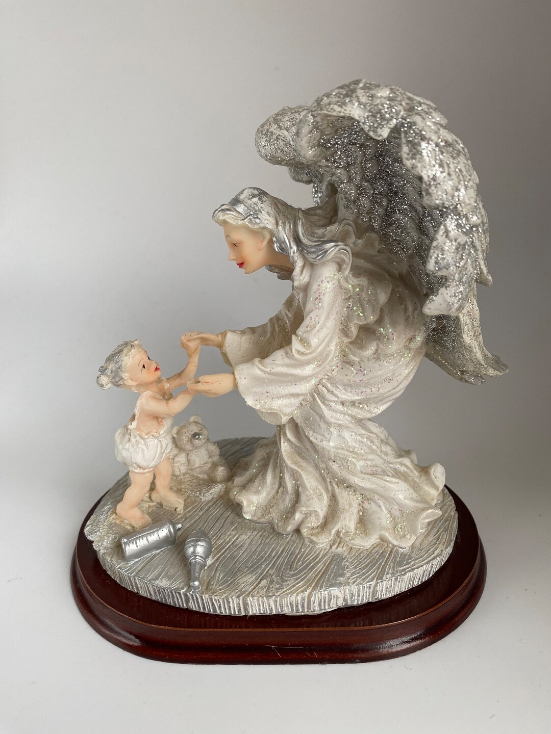 Vintage Beautiful Glittered Angel With Baby Figurine on A Wood Stand ...