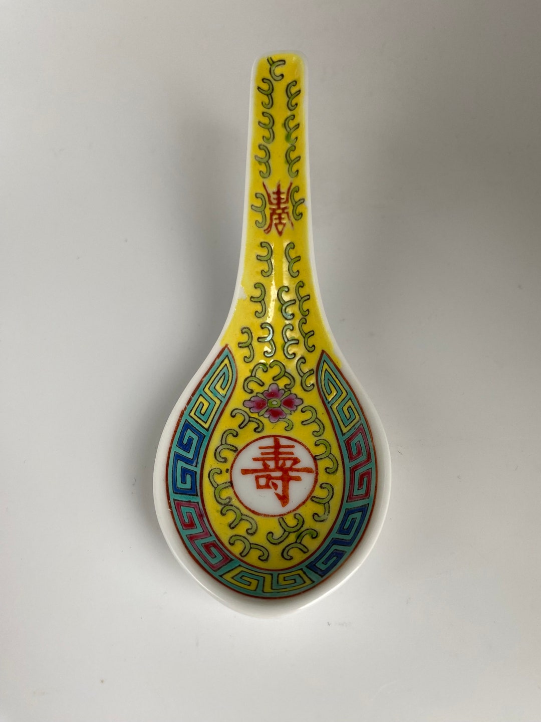 Vintage Chinese Soup Spoon, Yellow and Blue Transparent Pattern Soup ...