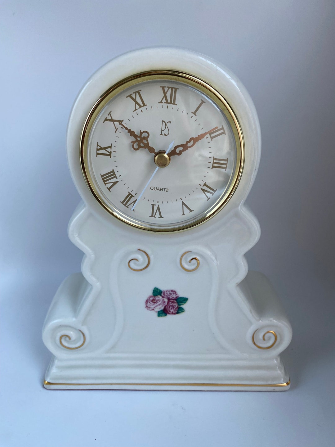 Vintage PS Limited Edition Porcelain Quartz Mantel Desk Clock, Floral ...