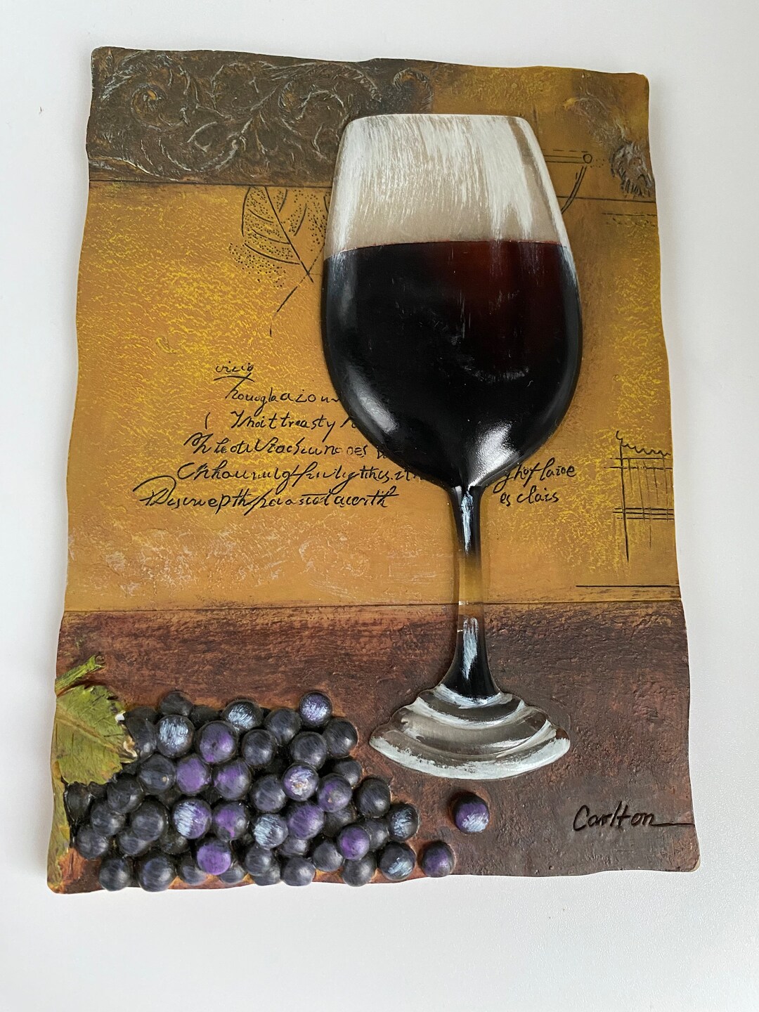Vintage 3D Red Wine With Purple Grapes Plaque Tile Home Decor, Signed ...