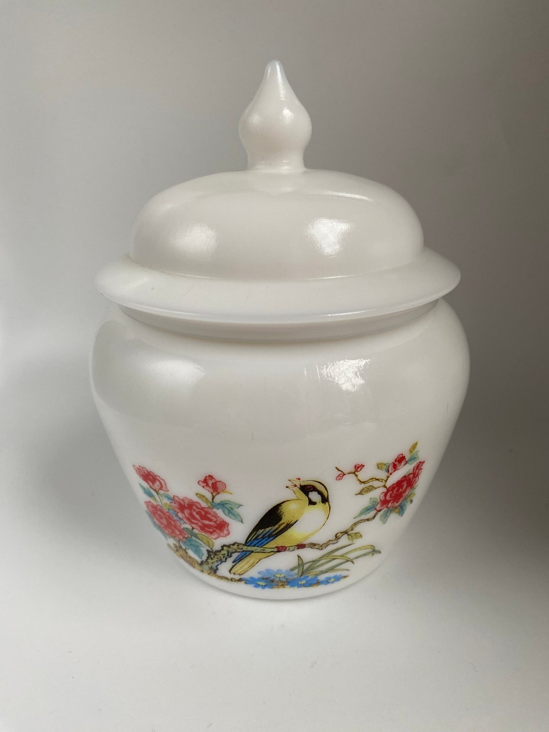 Vintage Avon Milk Glass Ginger Jar With Lid, Goldfinch Bird With ...
