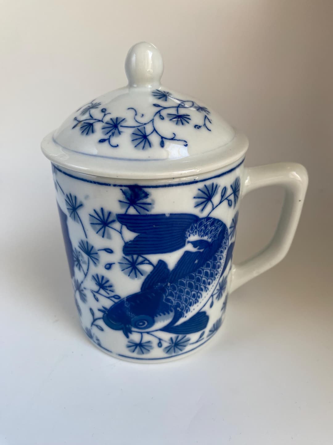 Koi Fish Pattern Blue and White Tea / Coffee Mug With Lid, 5.5” Tall ...